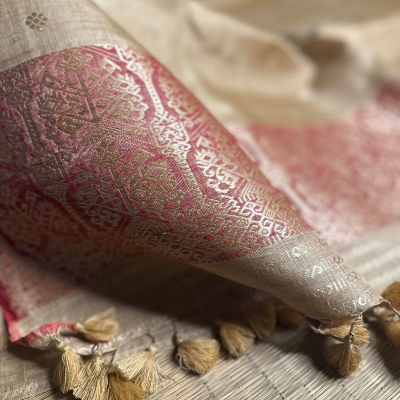 Heirloom Pure Assamese Muga Saree with Red Natural Dyed Eri Extra Weft